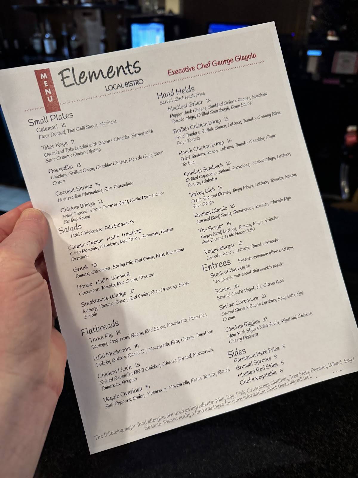 Menu at Elements pub & bar, Newark, 50 N 2nd St