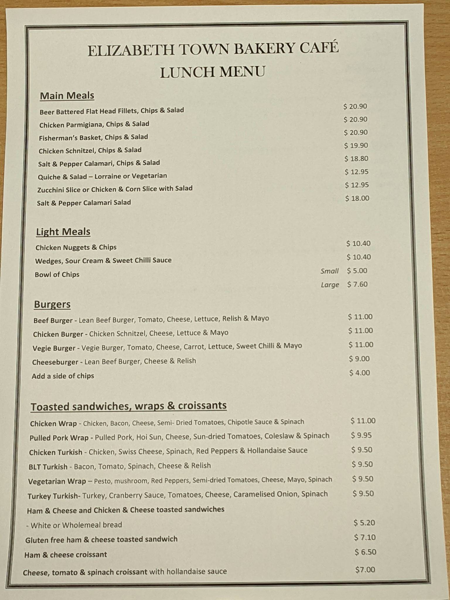 Menu at Elizabeth Town Bakery Cafe, Elizabeth Town, Bass Hwy