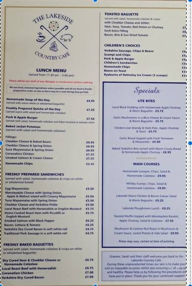 Menu at Ellerton Lakeside Cafe, Catterick