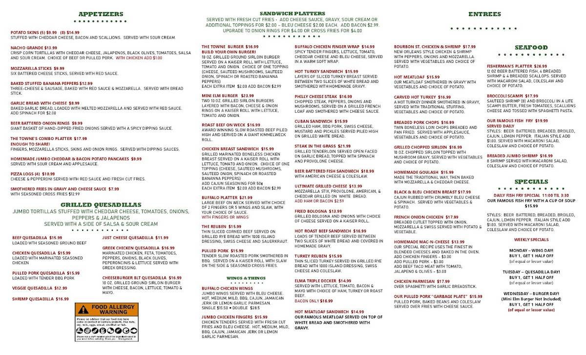 Menu at Elma Towne Grille pub & bar, Elma