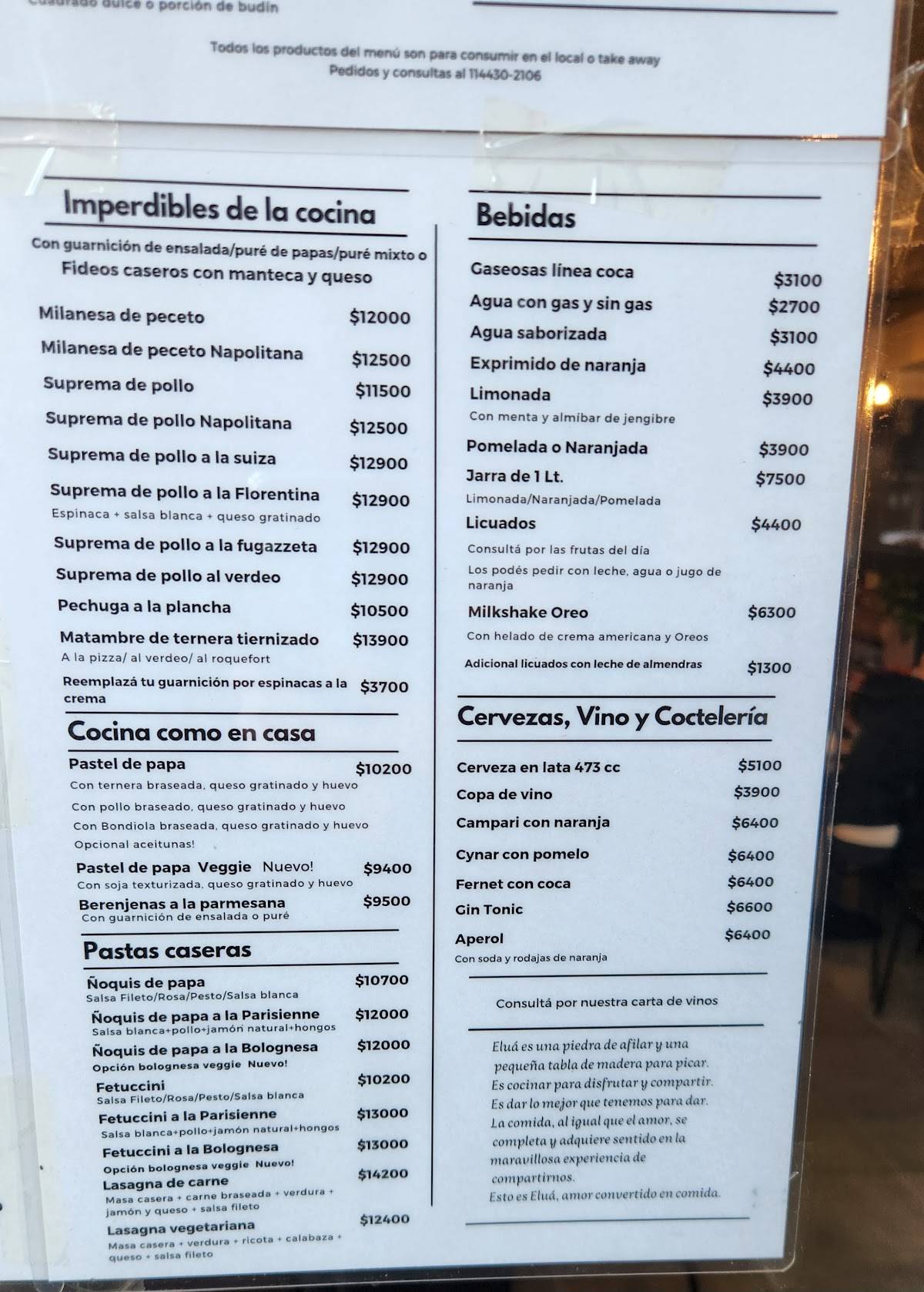 Carta de Eluá café-bistrot, Buenos Aires