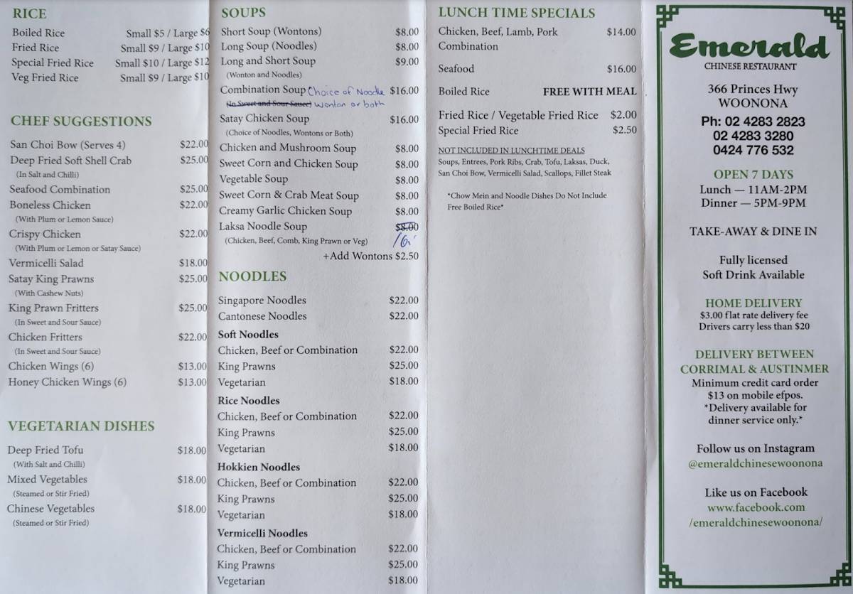 Menu at Emerald Chinese Restaurant, Woonona, 366 Princes Hwy