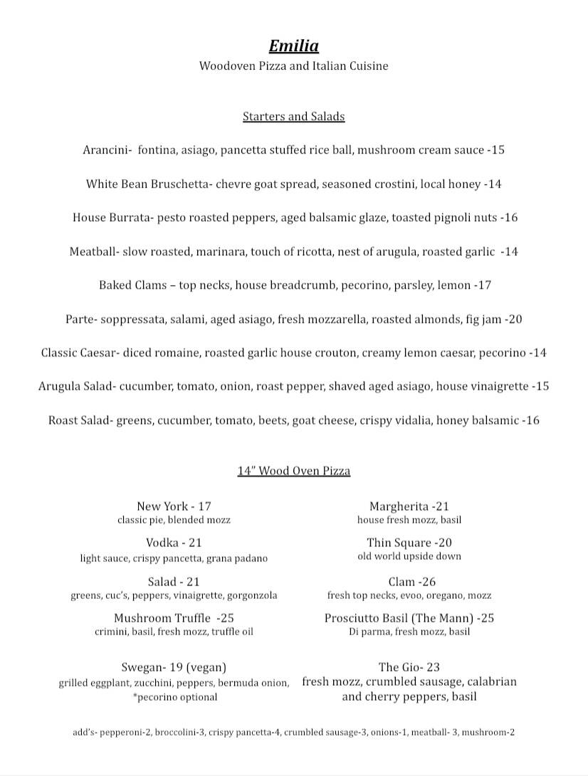 Menu at Emilia restaurant, Rockville Centre