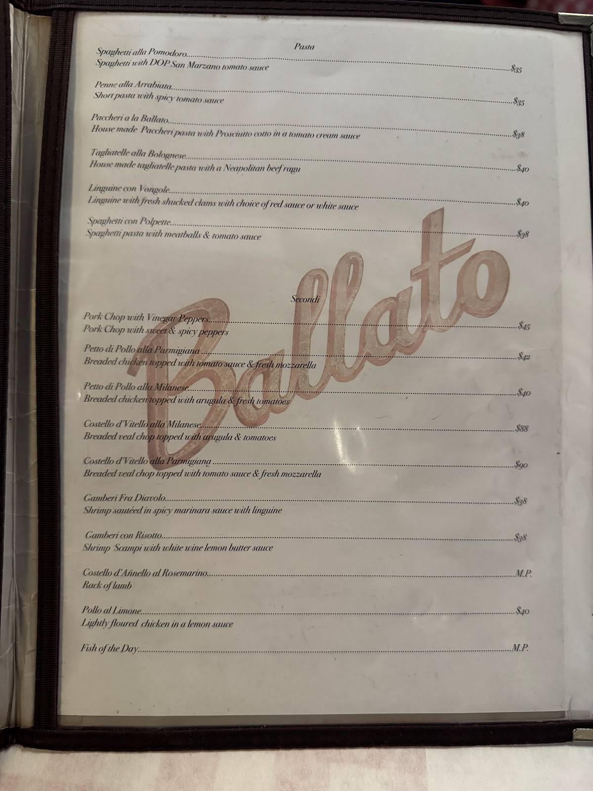 Menu at Emilio's Ballato restaurant, New York City
