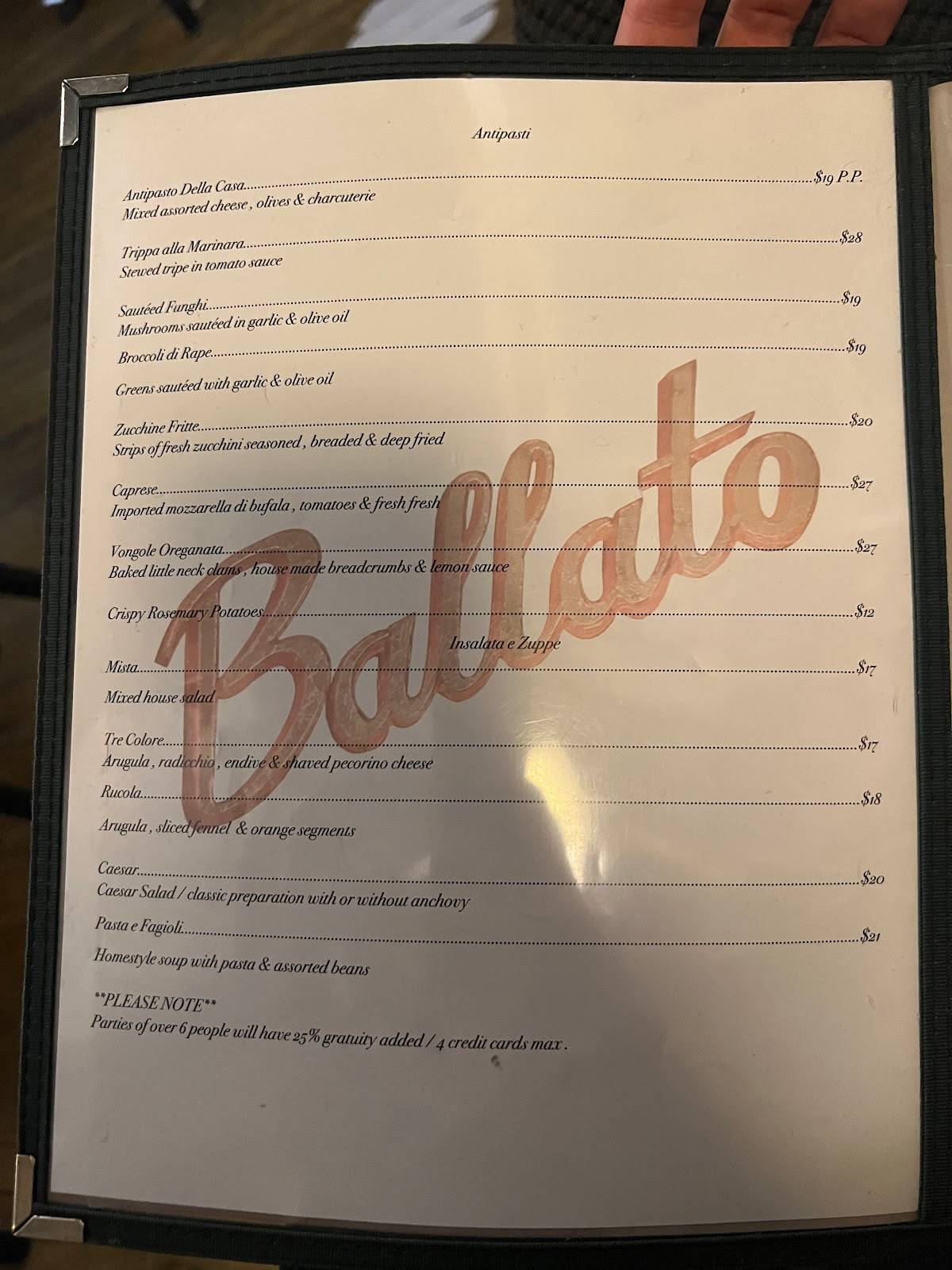Menu at Emilio's Ballato restaurant, New York City