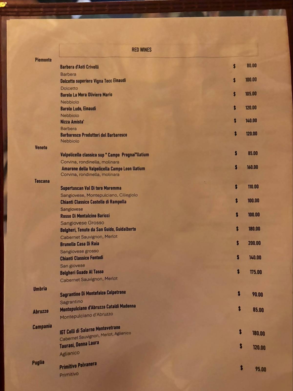 Menu at Emilio's Ballato restaurant, New York City