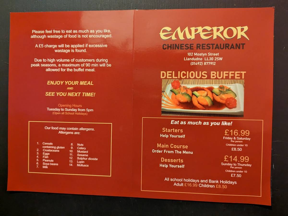 Menu at Emperor Chinese Restaurant, Llandudno