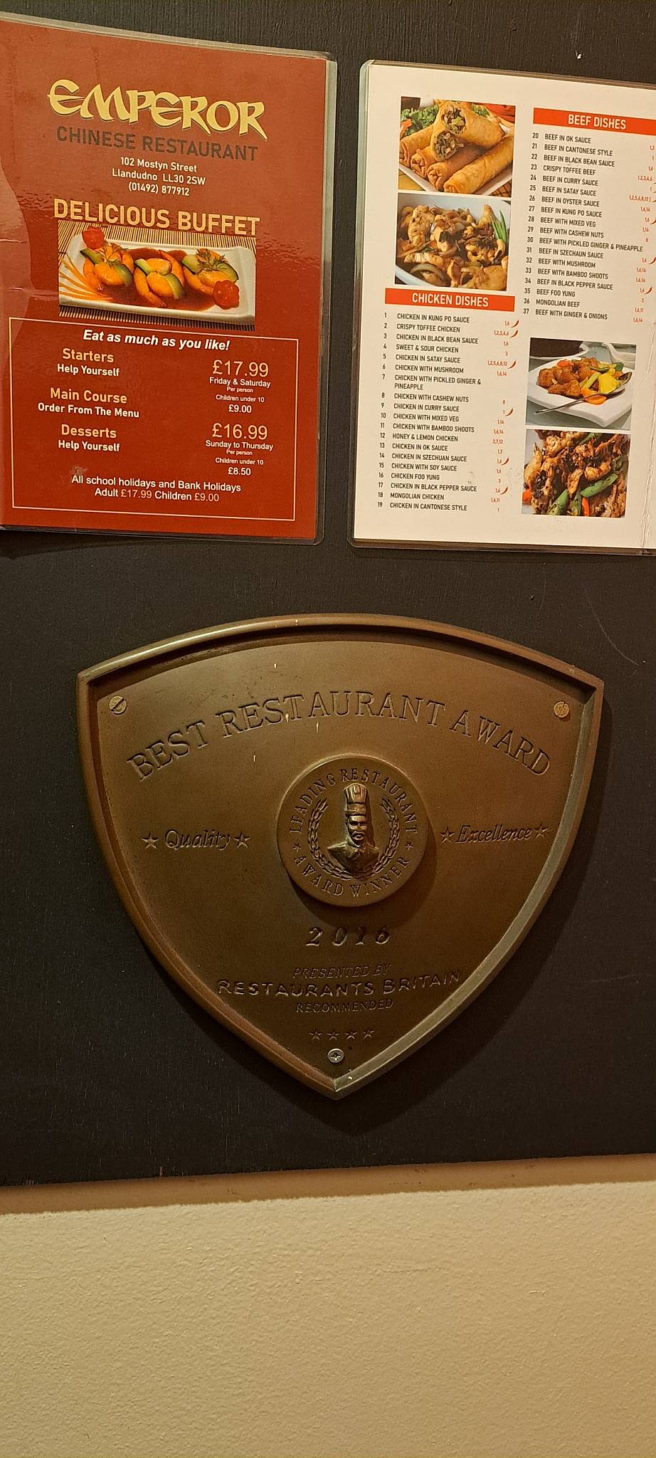 Menu at Emperor Chinese Restaurant, Llandudno