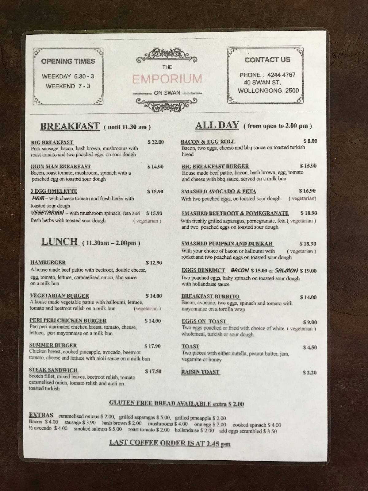 Menu at Emporium On Swan cafe, Wollongong