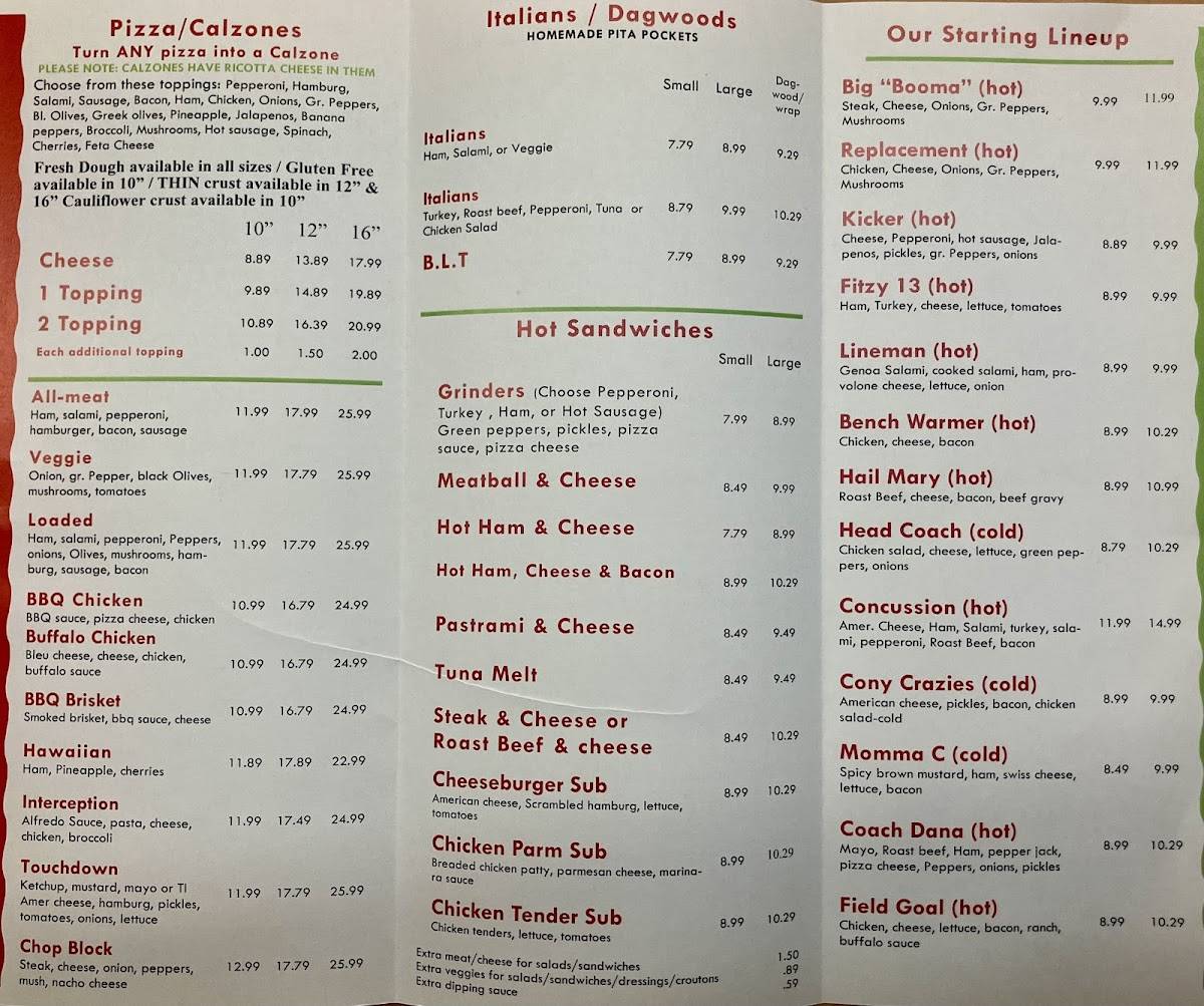 Menu at End Zone pizzeria, Augusta