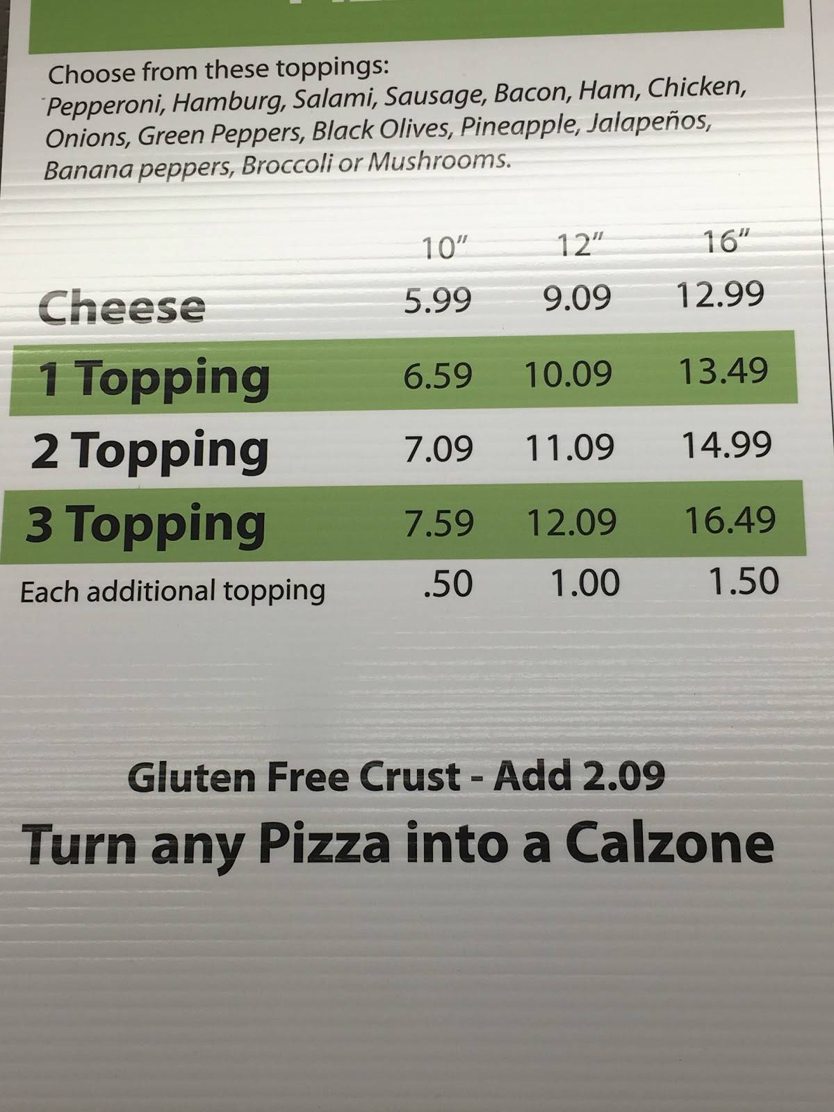 Menu at End Zone pizzeria, Augusta