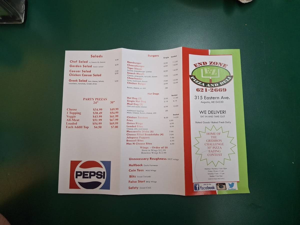 Menu at End Zone pizzeria, Augusta