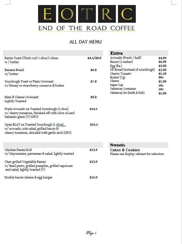 Menu at End of the Road Coffee cafe, New Farm