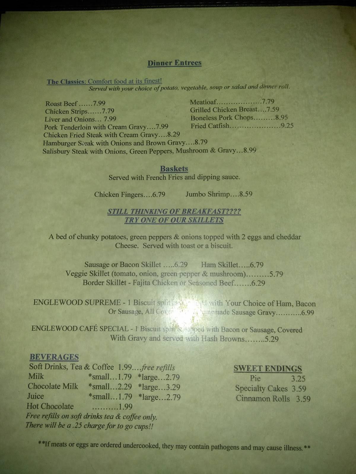 Menu at Englewood Cafe, Independence