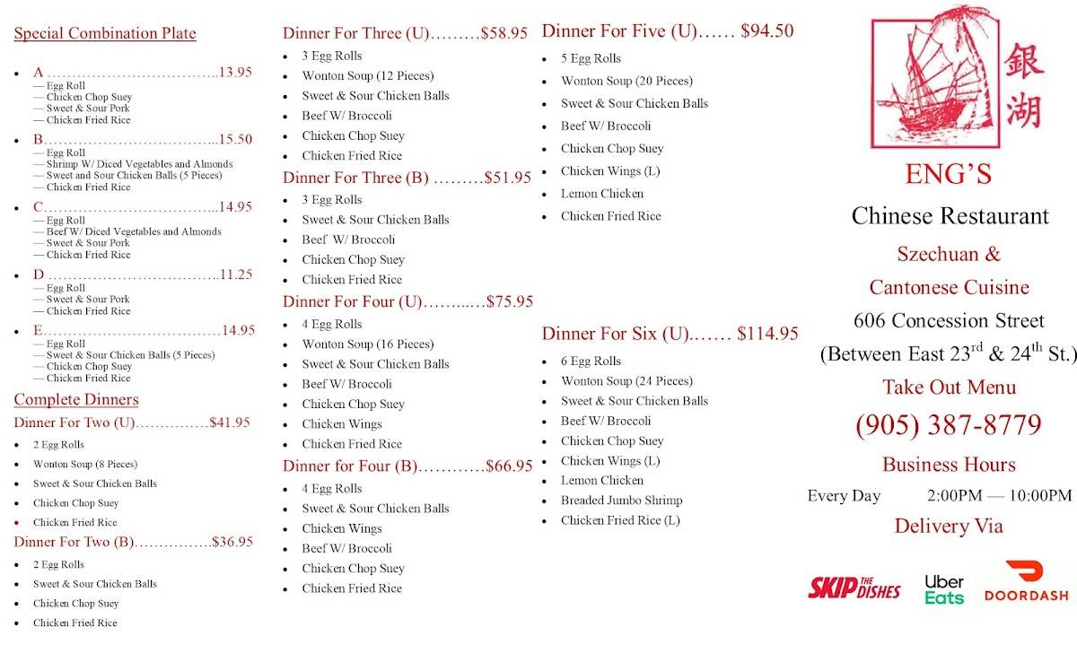Menu at Eng's Chinese Restaurant, Hamilton