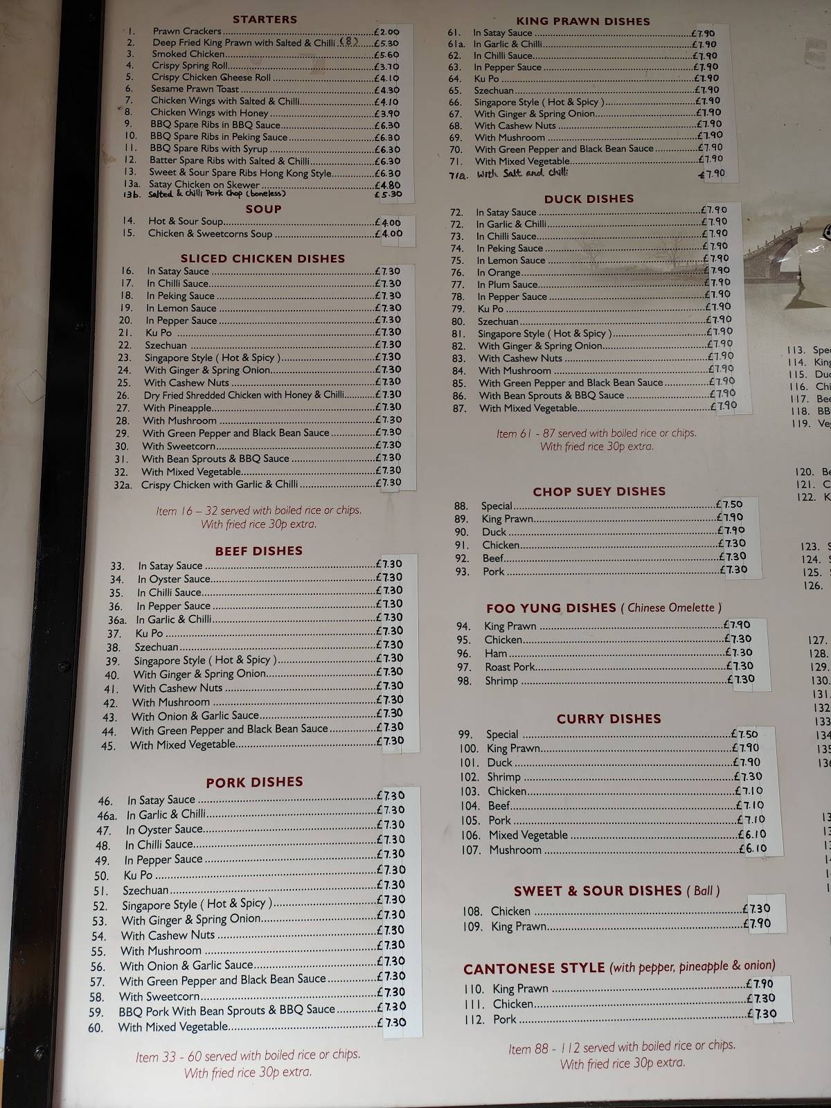 Menu at Chopsticks restaurant, Enniskillen