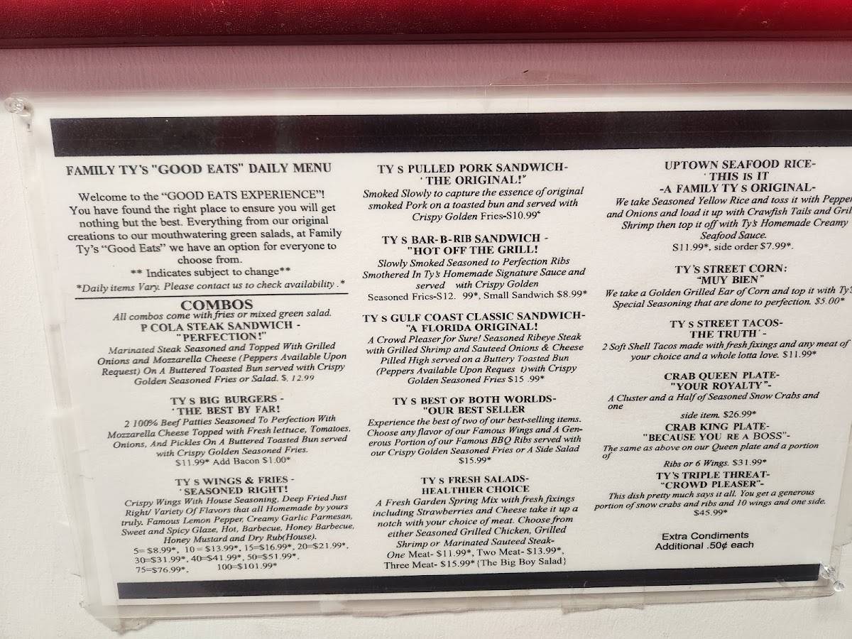 Menu at Family Ty's "Good Eats" restaurant, Pensacola
