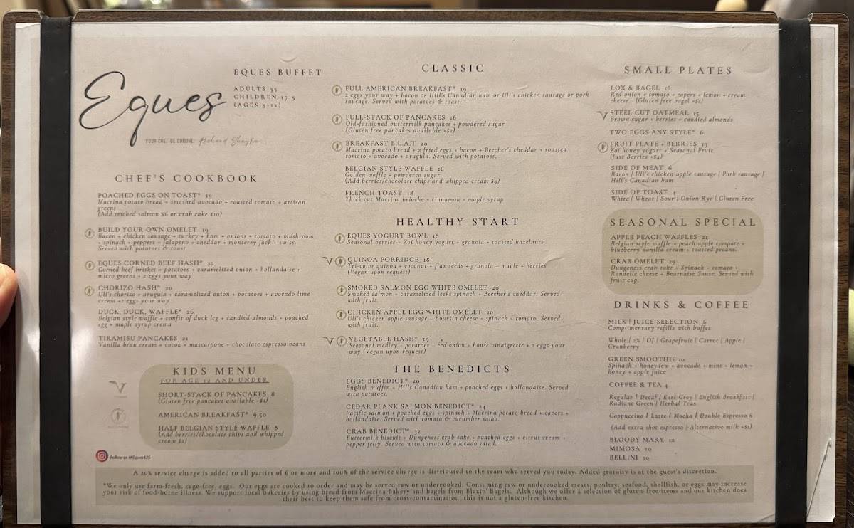 Menu at Eques restaurant, Bellevue