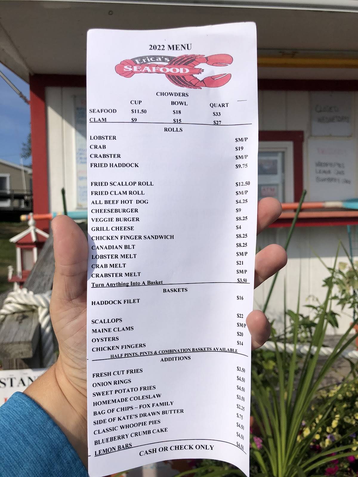 Menu at Erica's Seafood restaurant, Harpswell