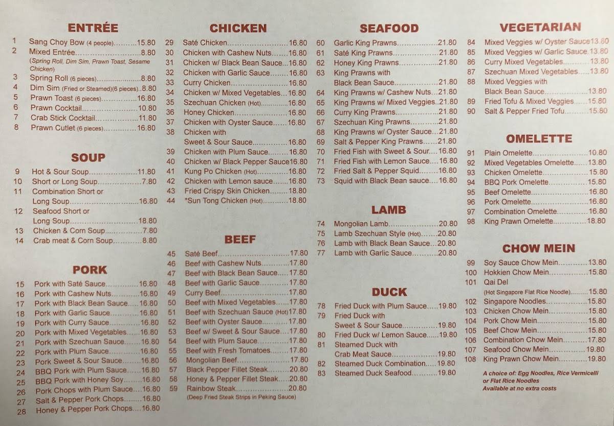 Menu at Wah Shing Chinese Restaurant, Saint Marys
