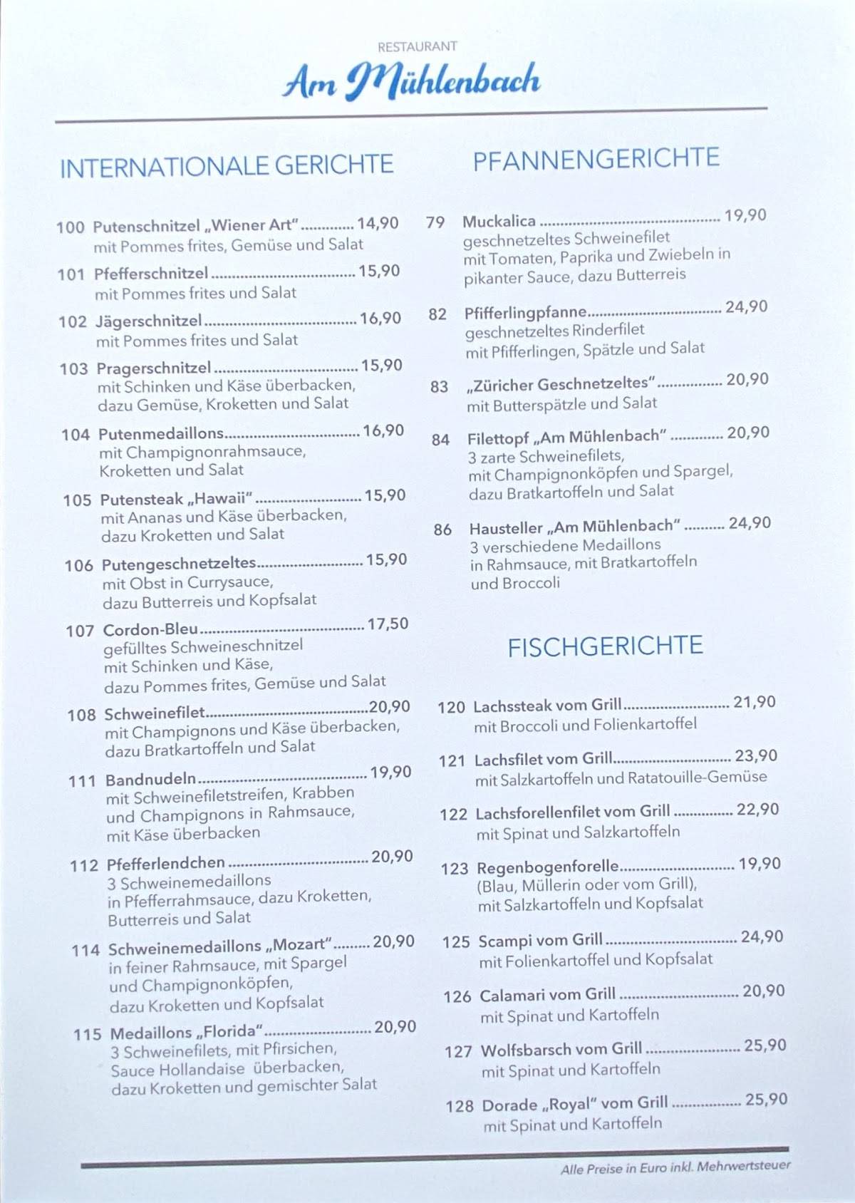 Speisekarte von Am Mühlenbach restaurant, Essen, Am Mühlenbach 74 Speisekarte von Am Mühlenbach restaurant, Essen, Am Mühlenbach 74