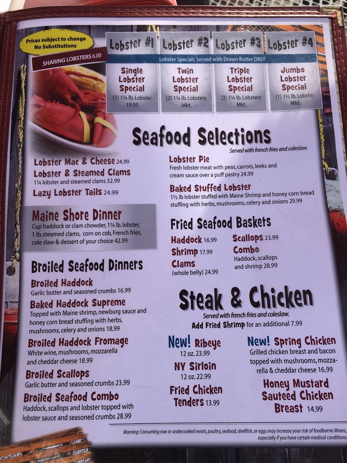 Menu at Estes Lobster House restaurant, Harpswell, Harpswell Neck Rd