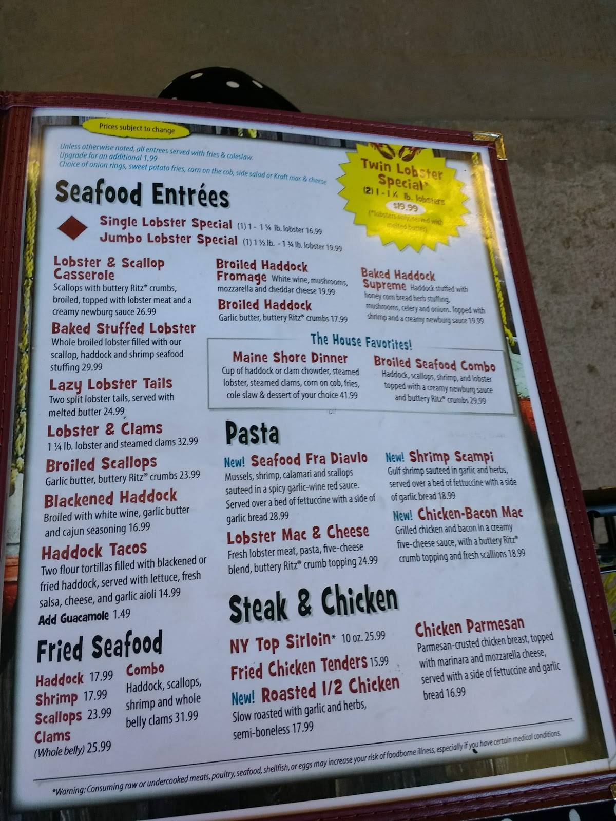 Menu at Estes Lobster House restaurant, Harpswell, Harpswell Neck Rd