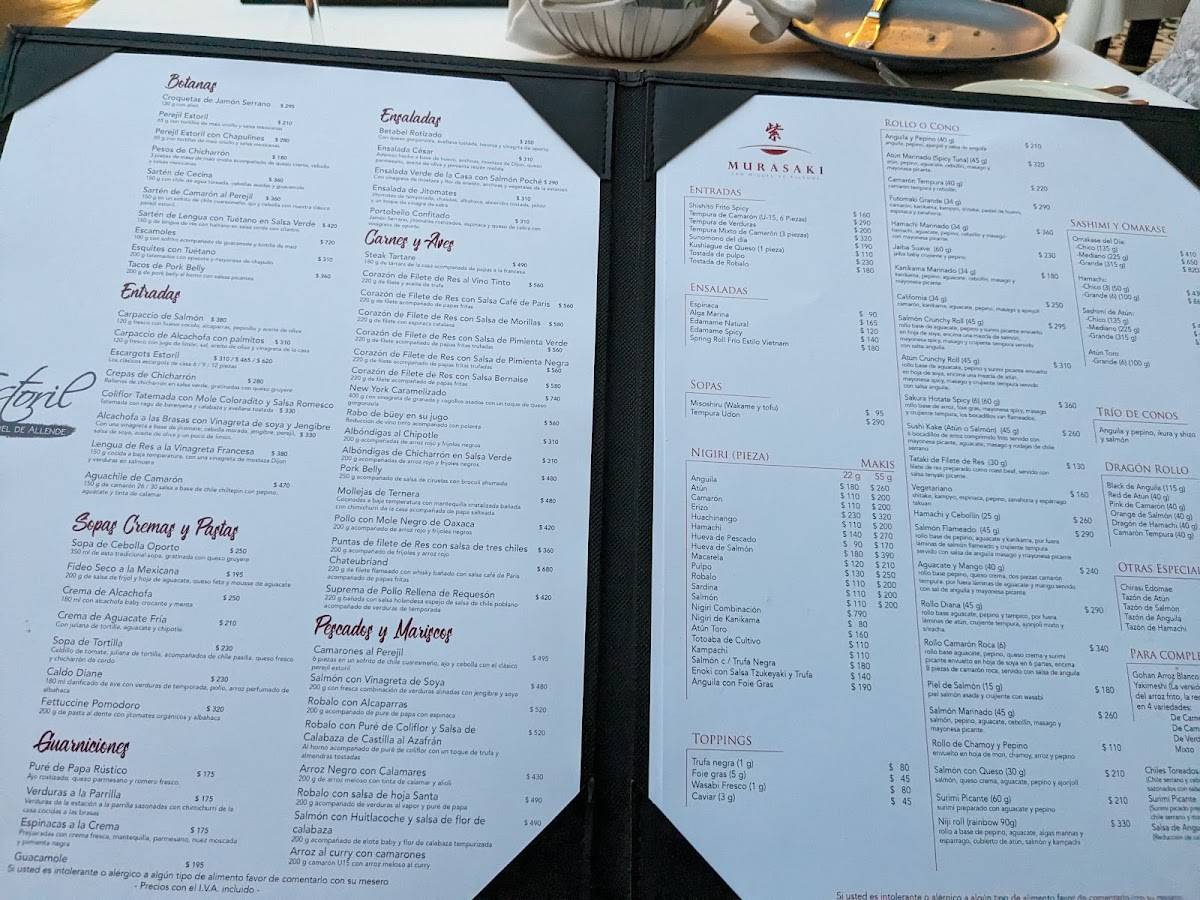 Carta del restaurante Estoril y Murasaki, San Miguel del Allende