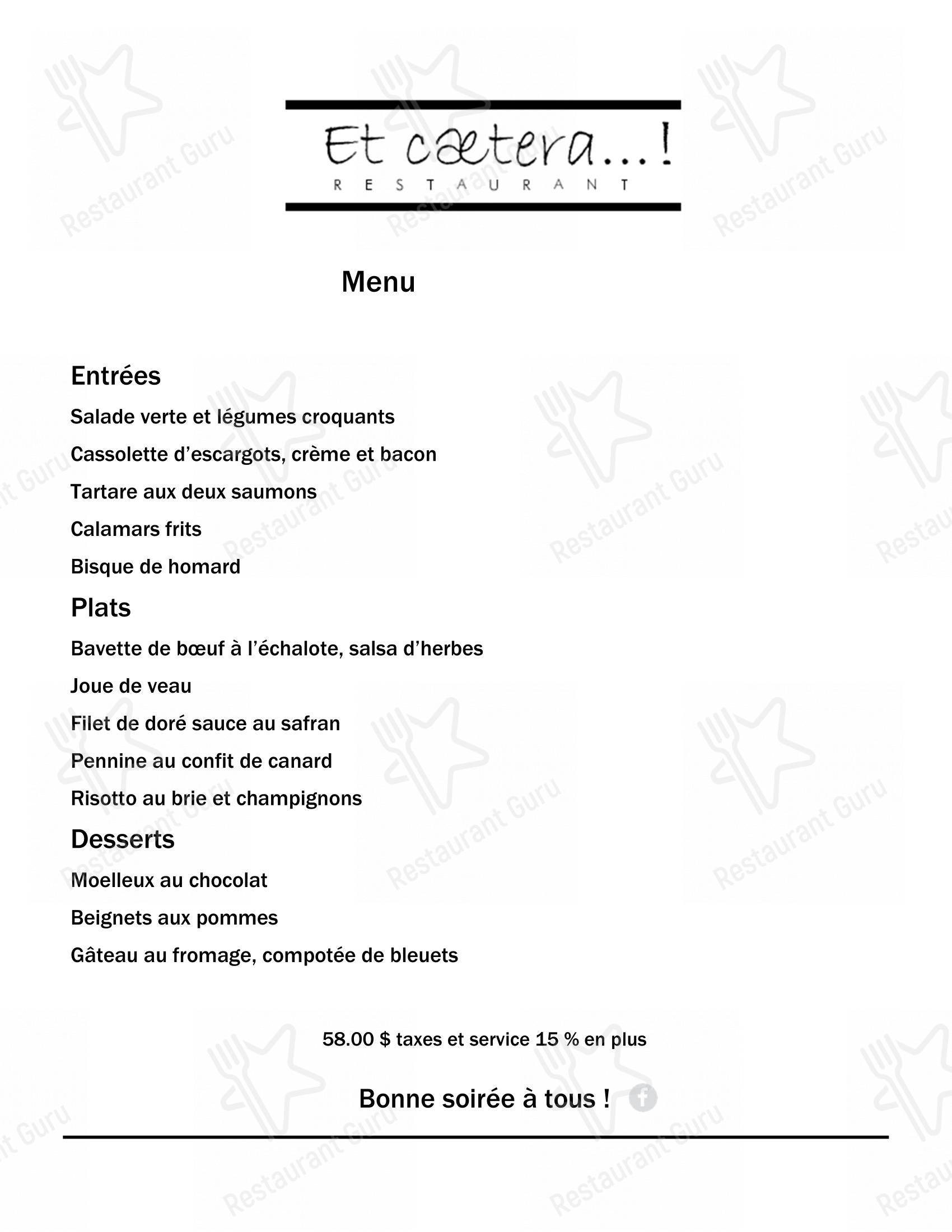 Menu au Et Caetera restaurant, Beloeil