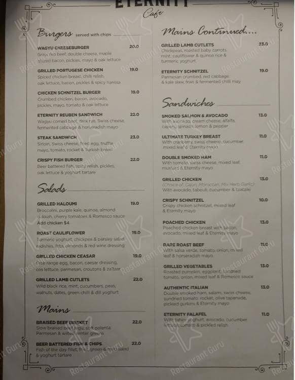 Menu at Eternity Cafe Town Hall Station, Sydney