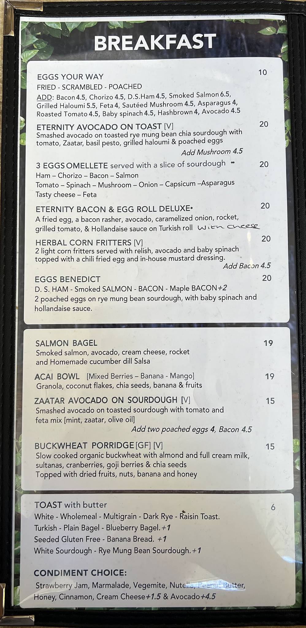 Menu at Eternity Cafe Town Hall Station, Sydney