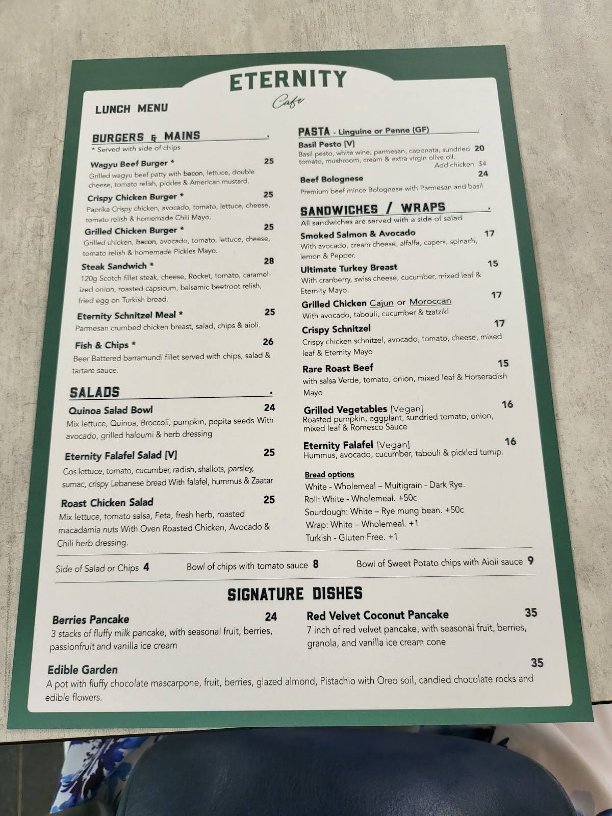 Menu at Eternity Cafe Town Hall Square, Sydney