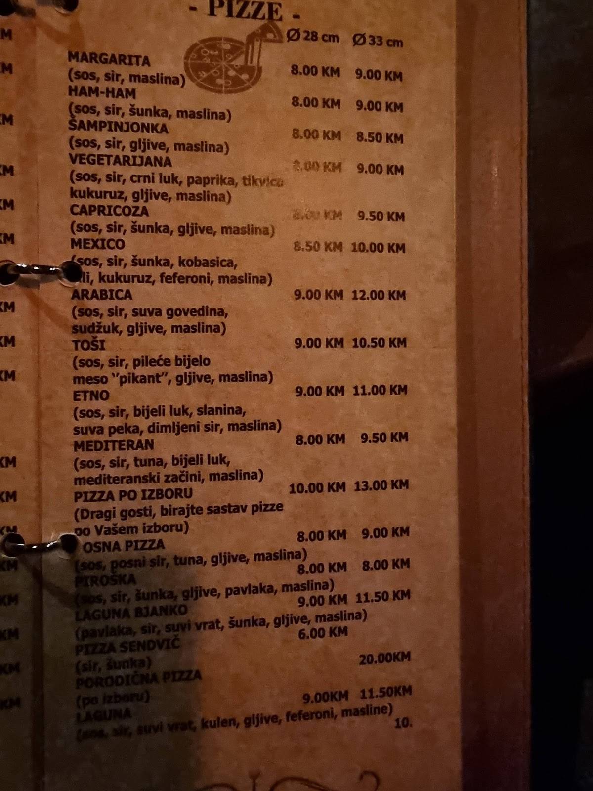 Menu at “ETNO LAGUNA” KafePicerija restaurant, Gradiška