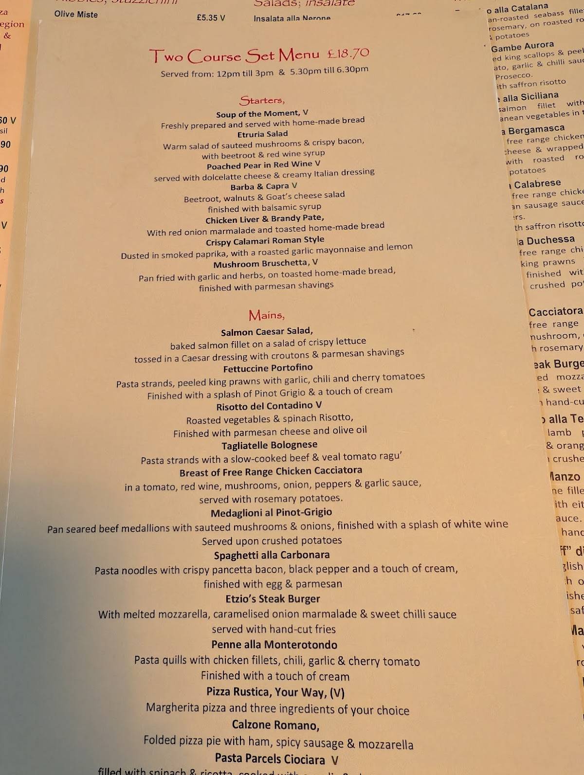 Menu at Etzio restaurant, Whitchurch