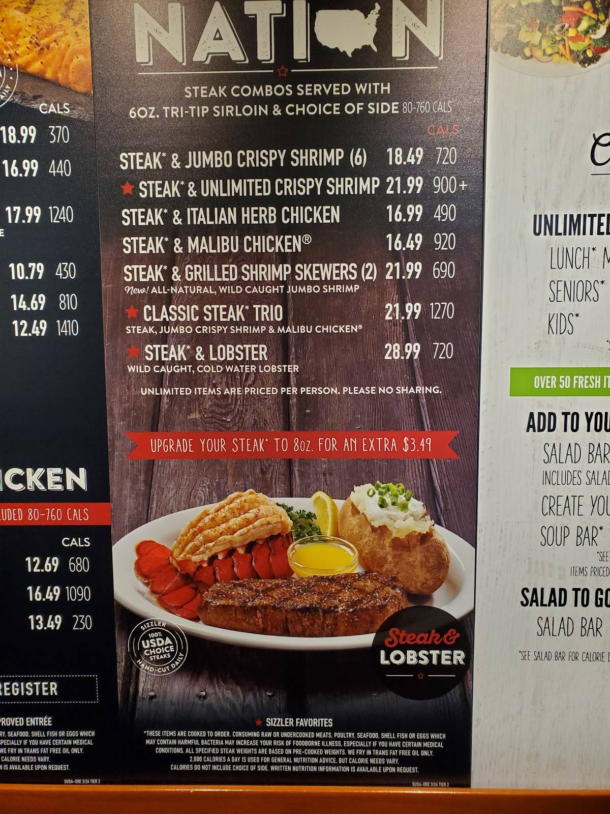 Menu at Sizzler steakhouse, Springfield
