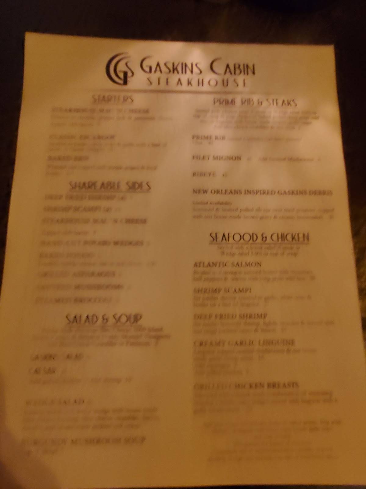 Menu at Gaskins Cabin Steakhouse, Eureka Springs