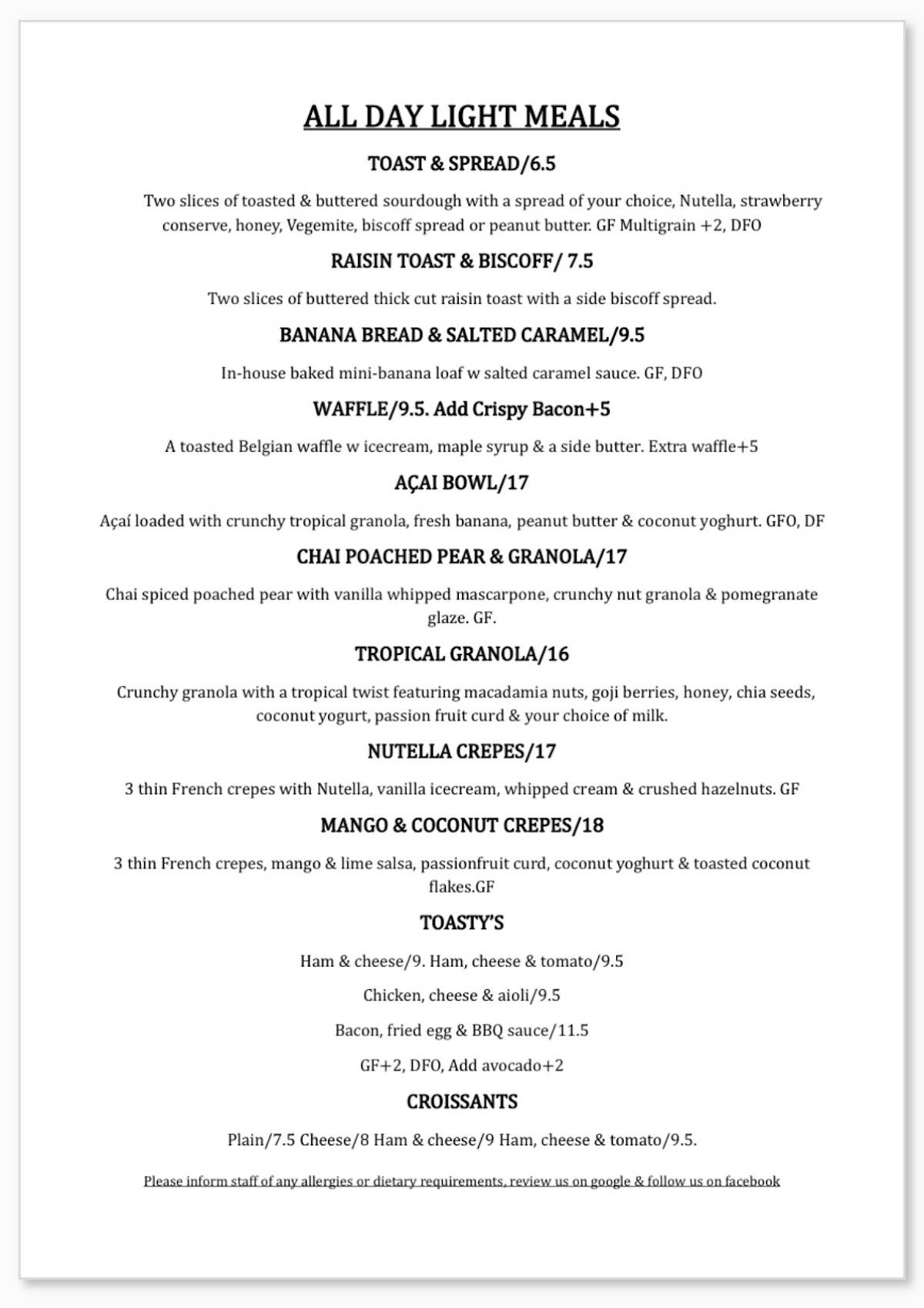 Menu at Euro Fusion Cafe, Bowen