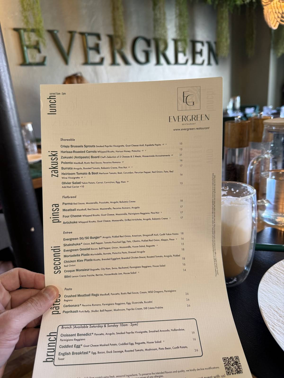 Menu at Evergreen restaurant, Colorado Springs