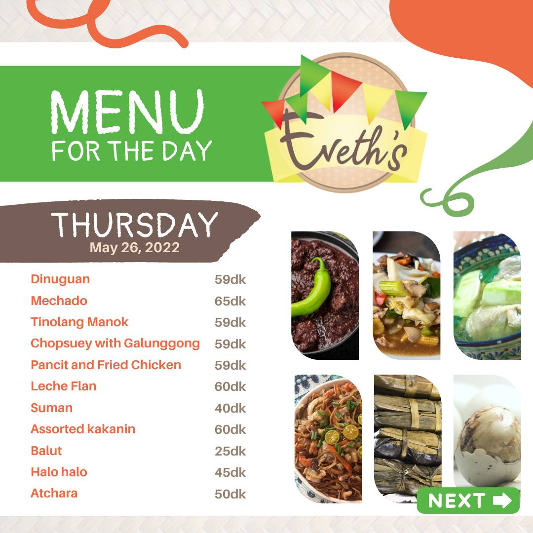 Menu at Eveths Filipino Food Takeaway restaurant, Copenhagen