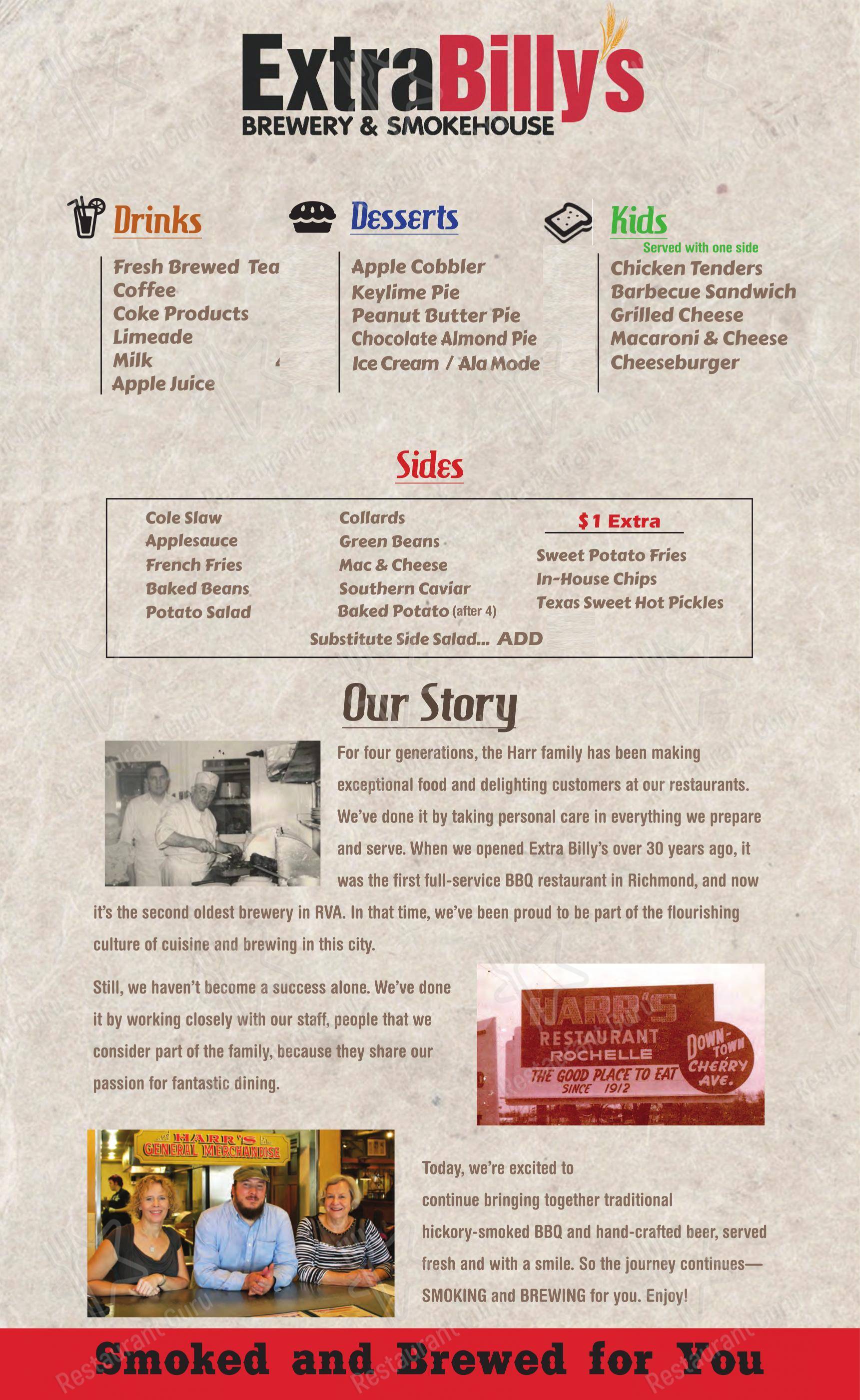 Menu at Extra Billys Smokehouse and Brewery BBQ, Midlothian, Alverser Dr