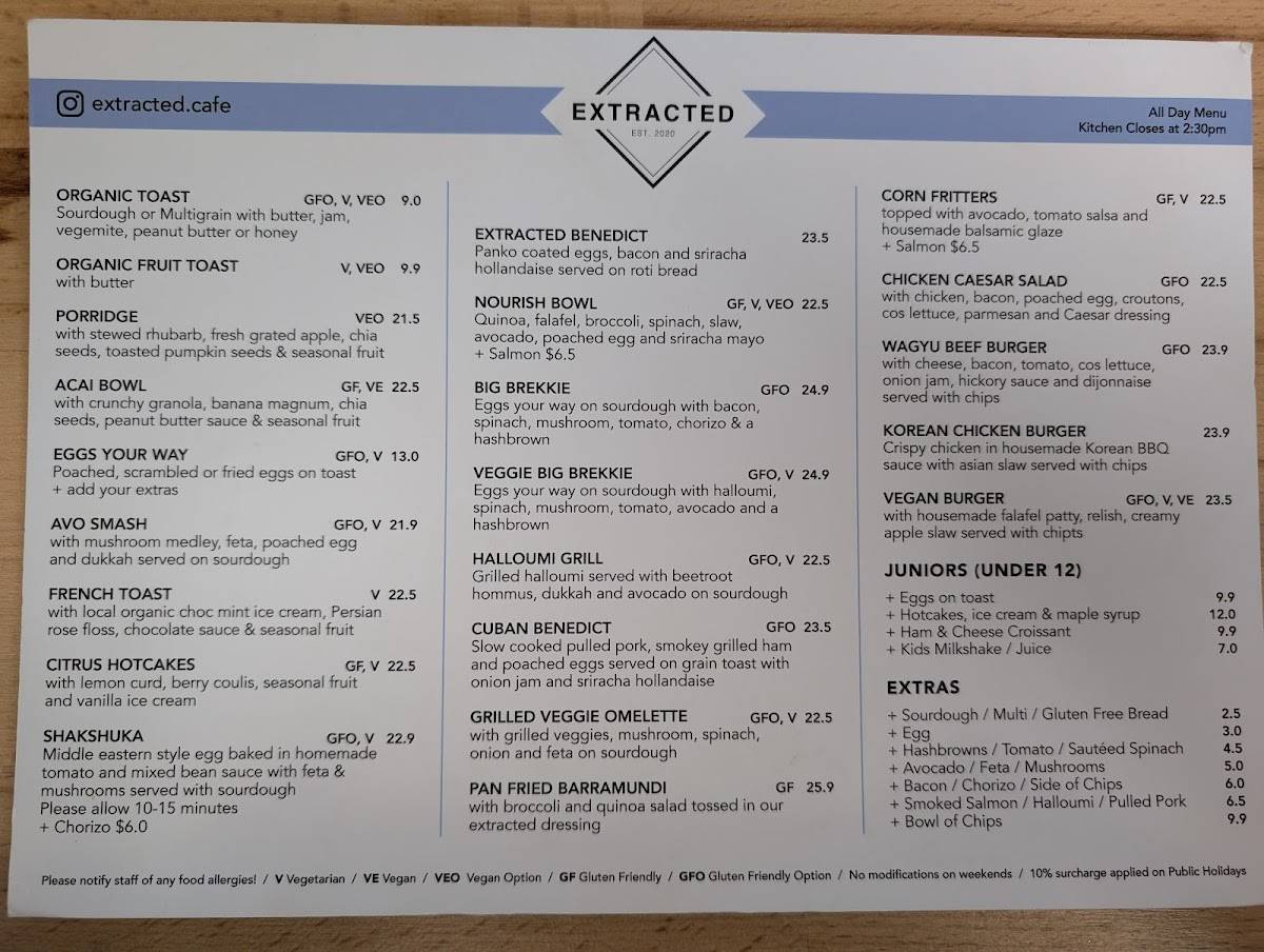 Menu at Extracted cafe, Canterbury
