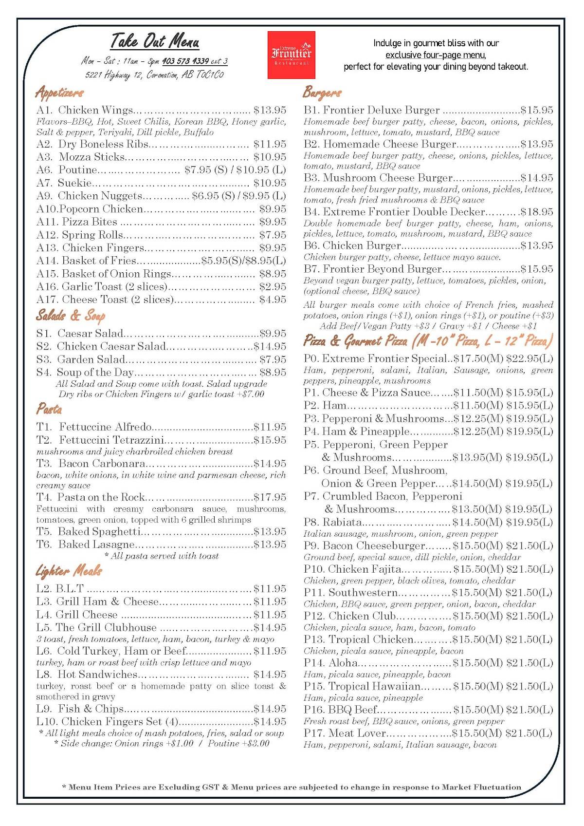 Menu at Extreme Frontier Restaurant, Coronation, AB-12