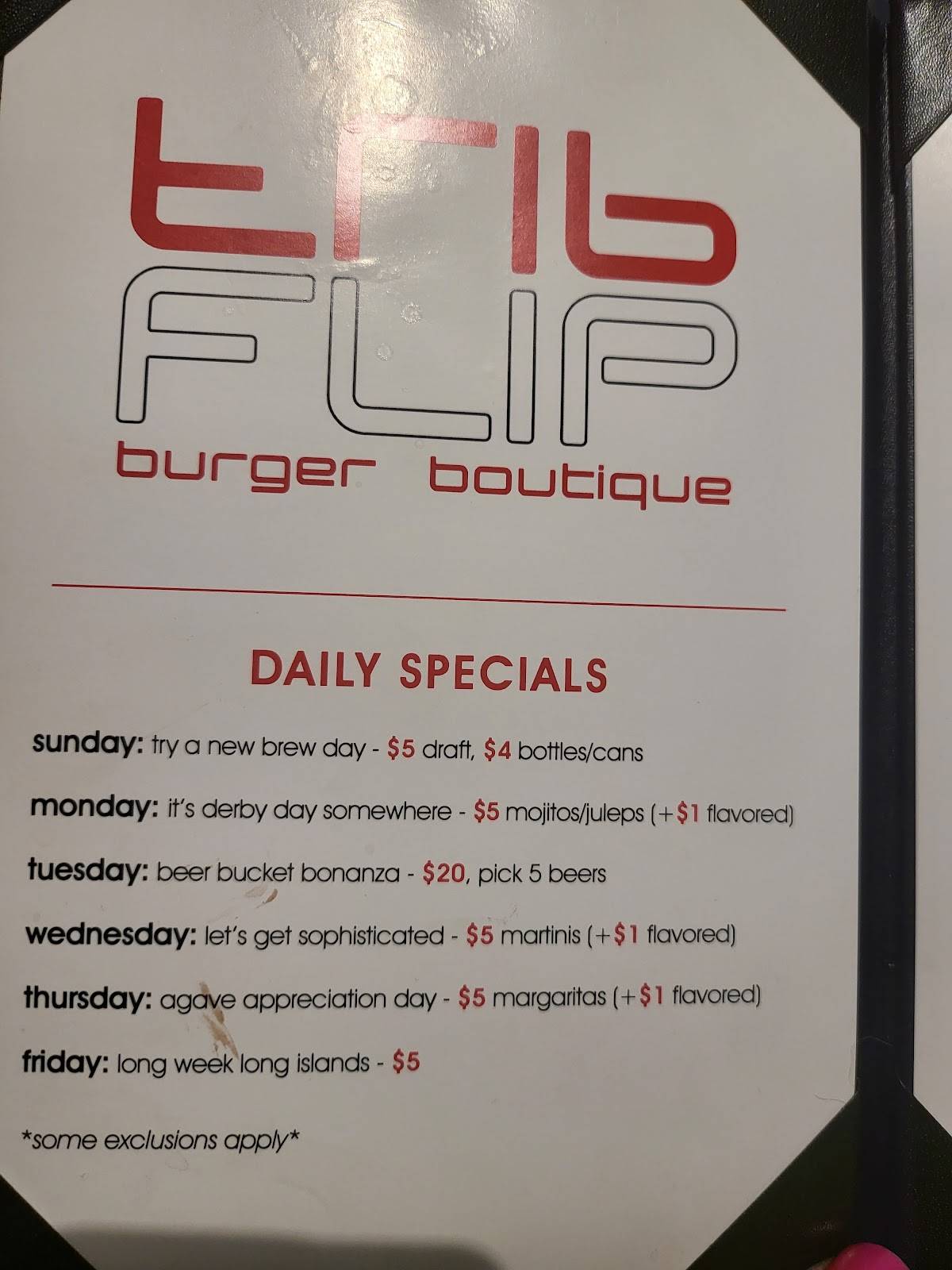 Menu at FLIP burger boutique restaurant, Atlanta, Howell Mill Rd