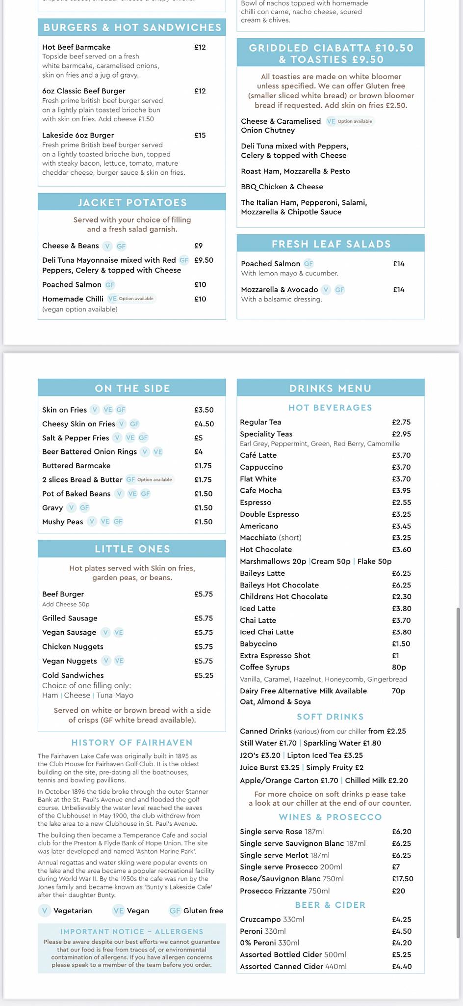 Menu at Fairhaven lake cafe, Lytham Saint Annes, Inner Promenade