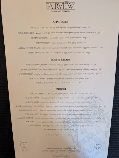 Menu at Fairview Dining Room restaurant, Durham