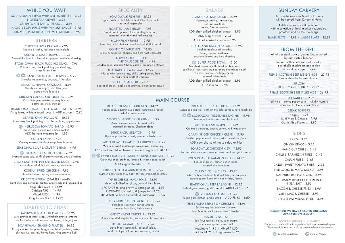 Menu at Boardwalk restaurant, Falkirk