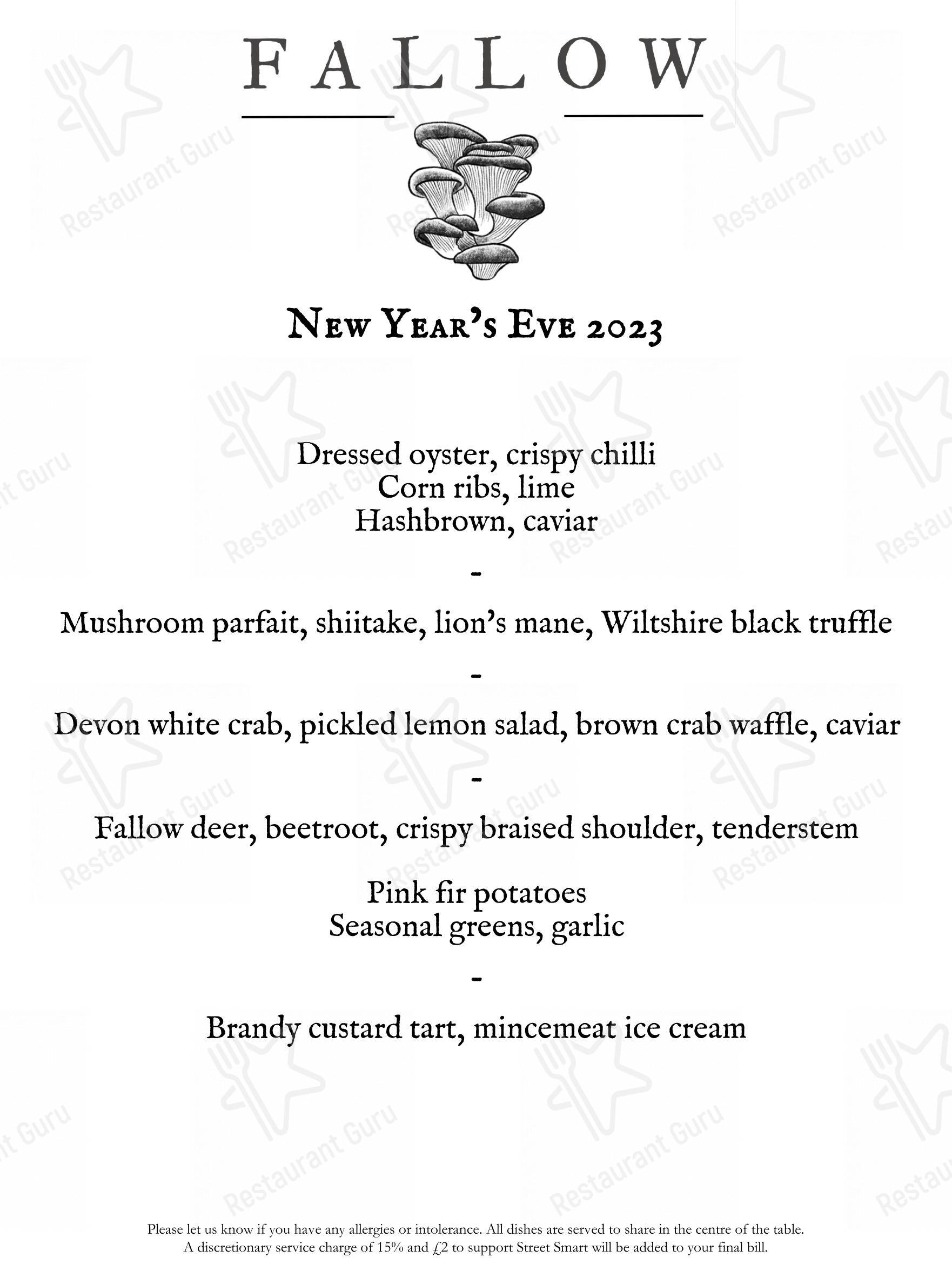 Menu at Fallow restaurant, London
