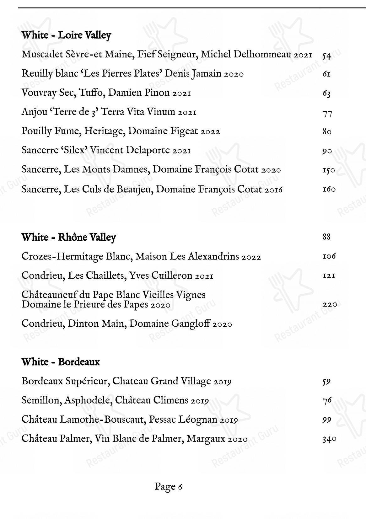 Menu at Fallow restaurant, London