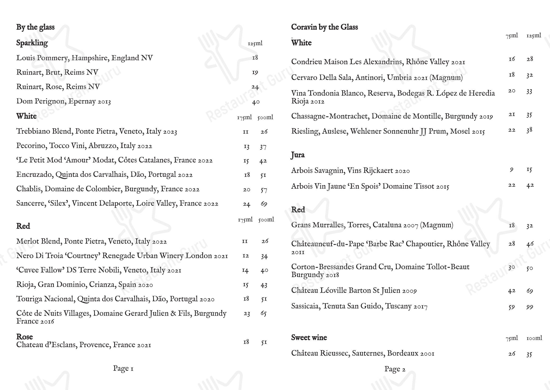 Menu at Fallow restaurant, London