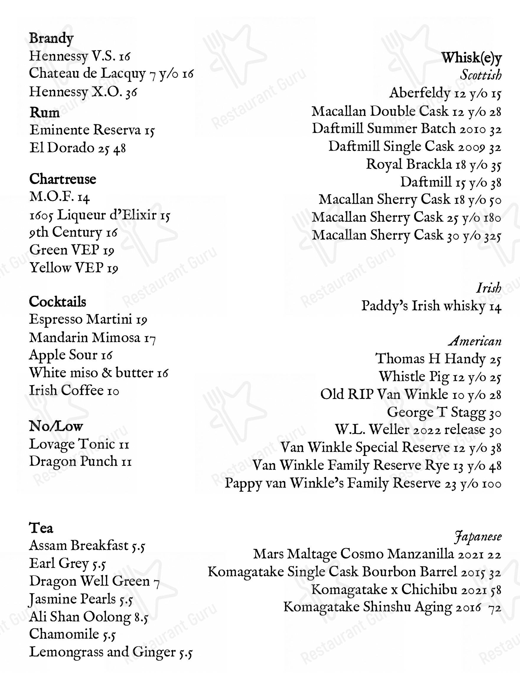Menu at Fallow restaurant, London